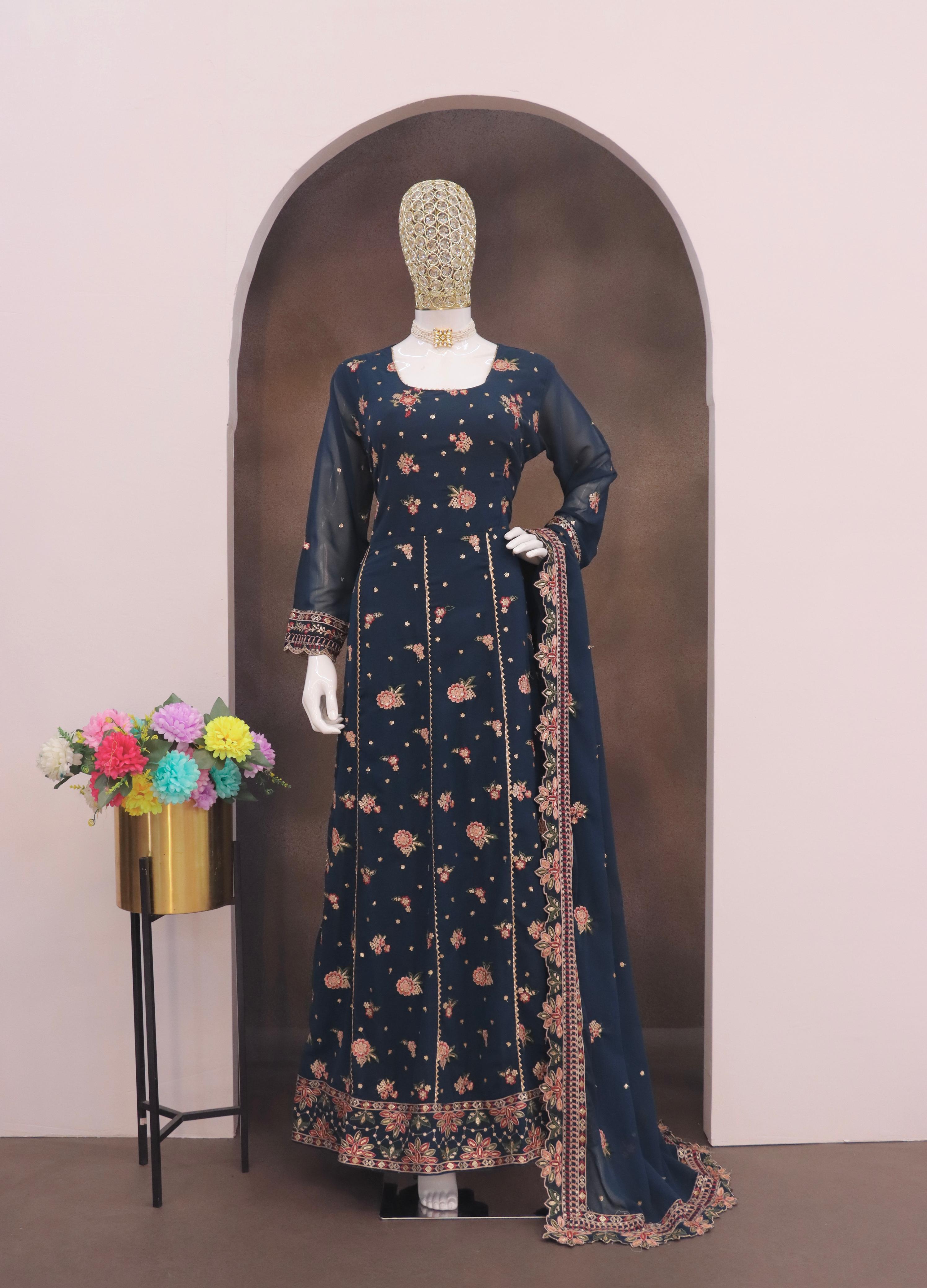 Navy Blue Fauk Gerogette Sequence Embroidered Semi Stitched Salwar Suit ...